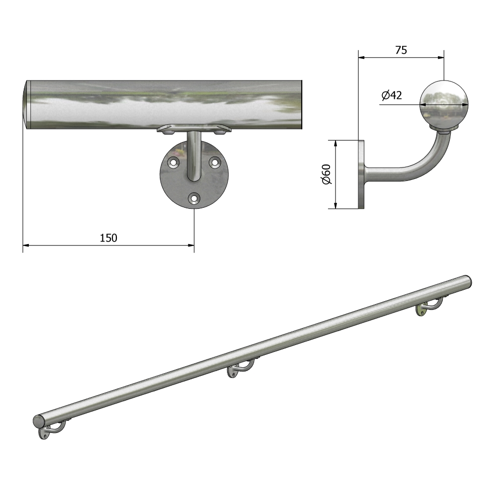 Inox Forniture - CORRIMANO A MURO Ø 42,4 AISI 316 SATINATO TIPO 1